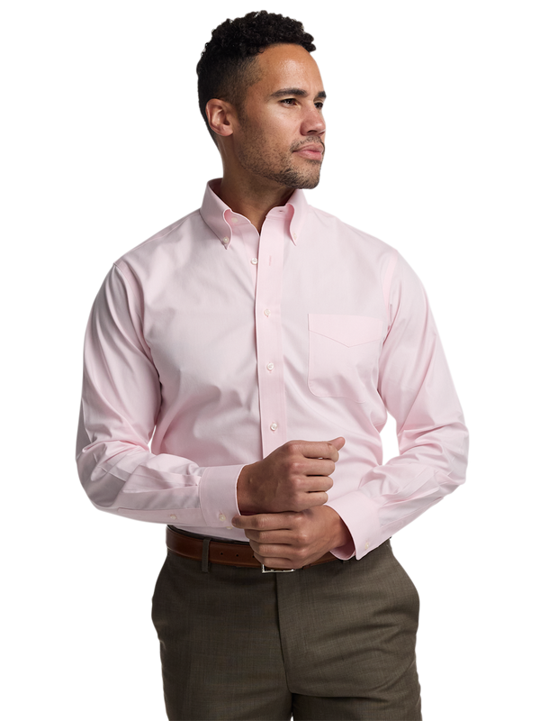 Non-Iron Cotton Pinpoint Solid Button Down Collar Dress Shirt - Pink ...