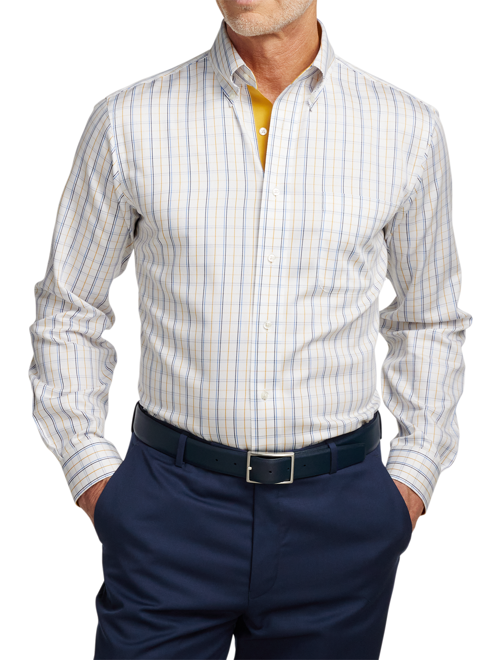 Non-Iron Cotton Windowpane Dress Shirt With Contrast Trim - White/gold ...