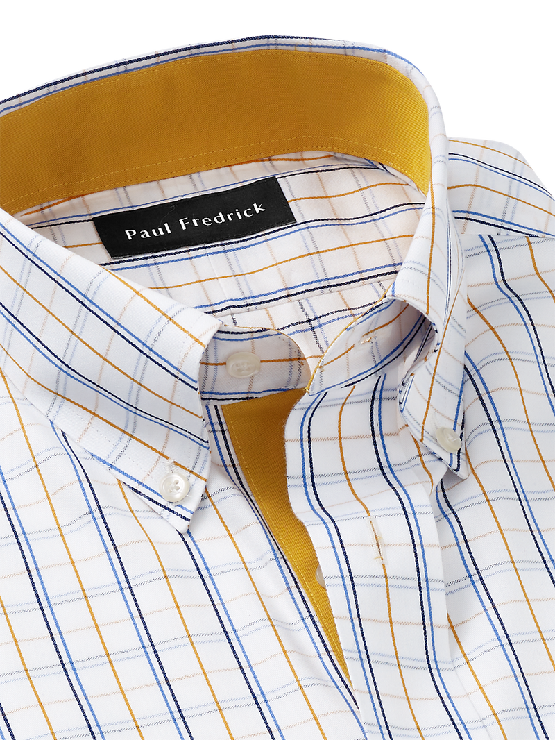 Non-Iron Cotton Windowpane Dress Shirt With Contrast Trim - White/gold ...