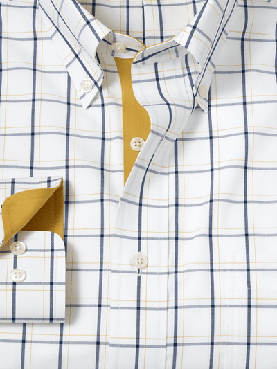 Non-Iron Cotton Windowpane Dress Shirt With Contrast Trim - Navy/gold ...