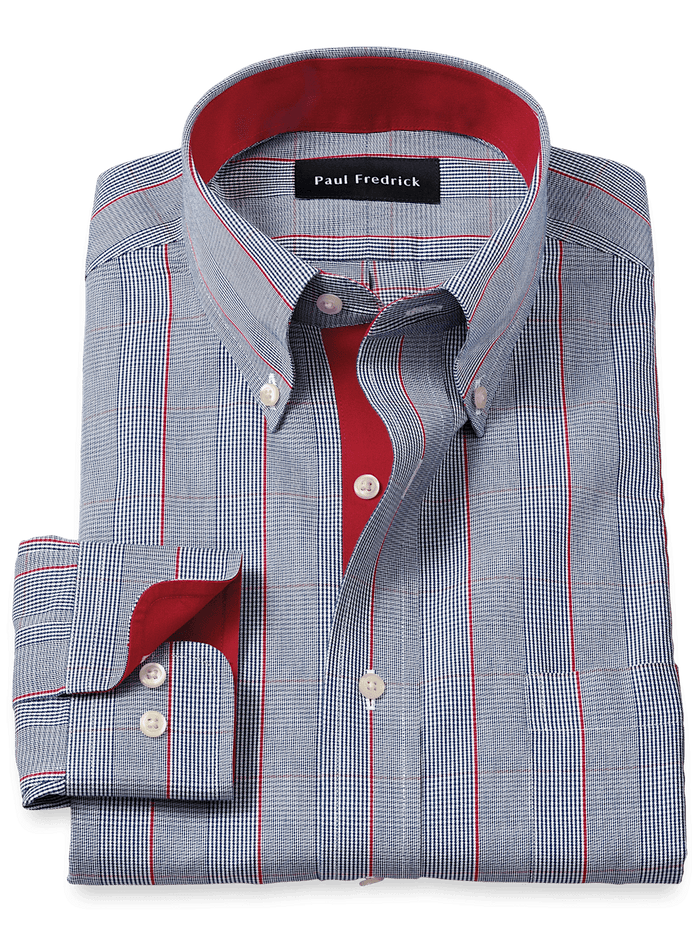 Non-Iron Cotton Glen Plaid Dress Shirt With Contrast Trim - Navy/red ...
