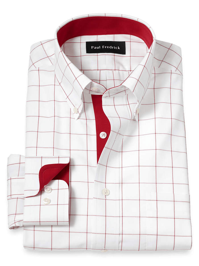 Non-Iron Cotton Windowpane Dress Shirt With Contrast Trim - Red – Paul ...
