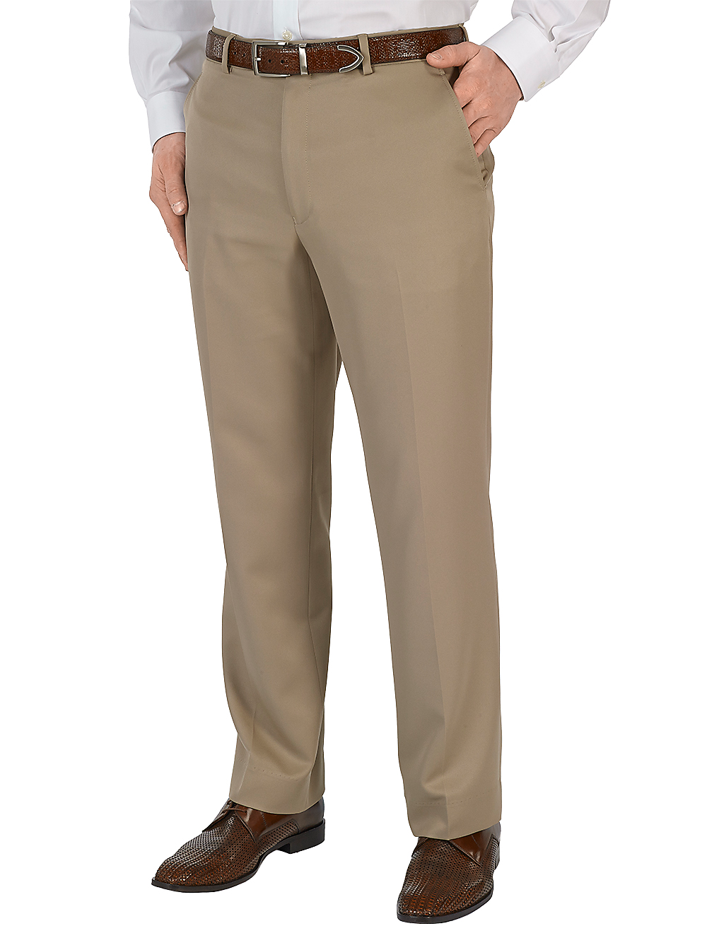 Microfiber Solid Flat Front Pants - Tan – Paul Fredrick