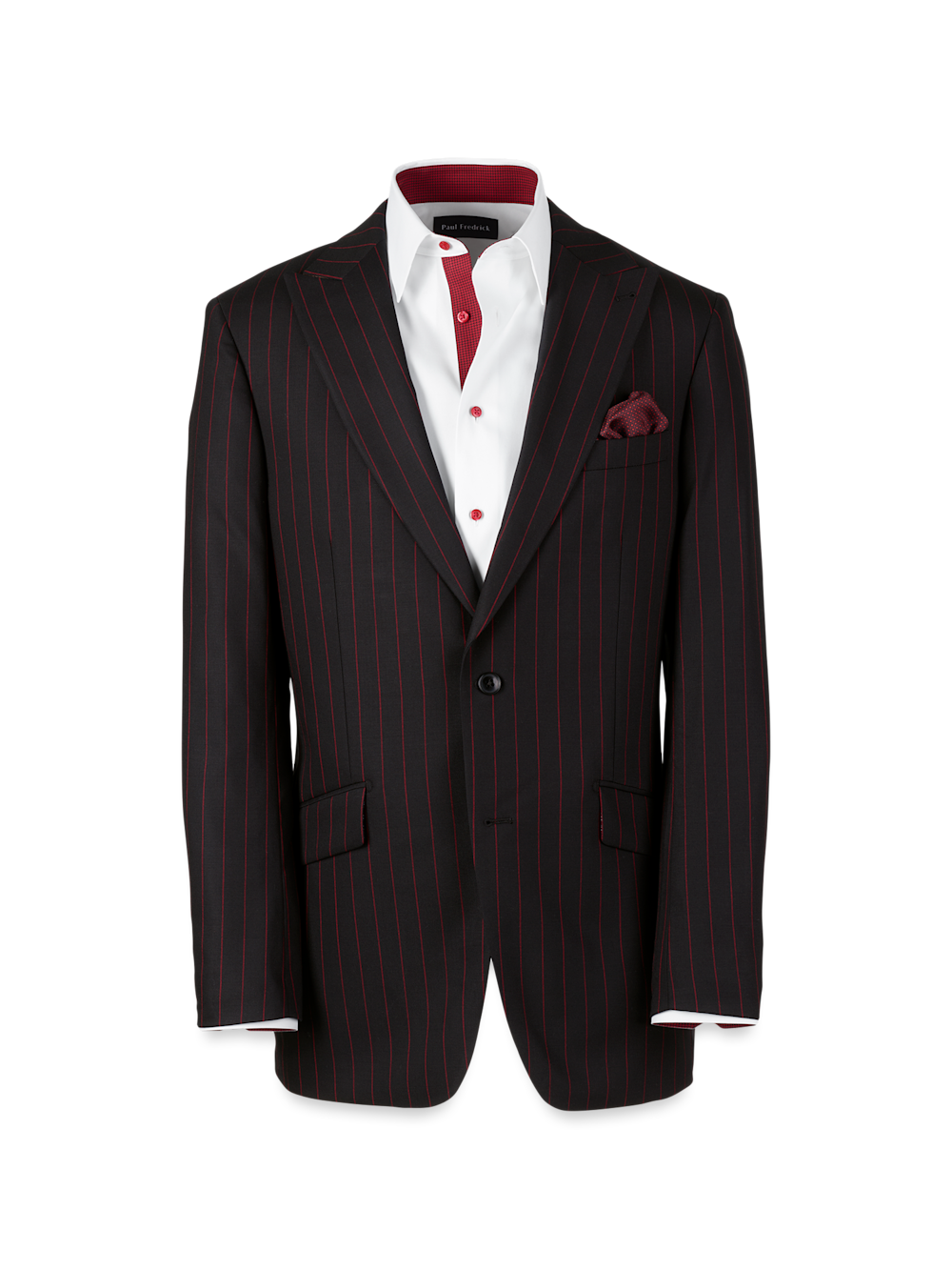 Wool Stretch Stripe Single Breasted Peak Lapel Suit Jacket - Black/red ...