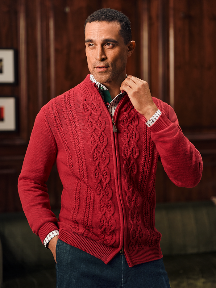 Cotton Cable Full Zip Mock Neck Sweater - Red – Paul Fredrick